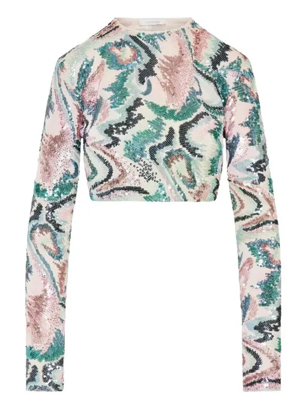 Rabanne Sequin-embellished Abstract Print Cropped T-shirt - Pink