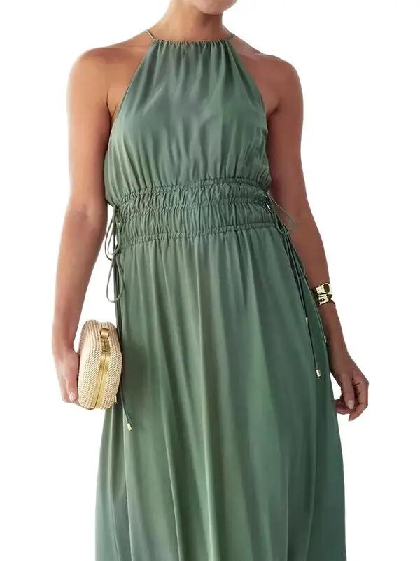 ST MRLO Halterneck Maxi Dress With Drawstring Detail - Green