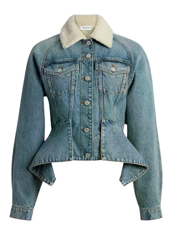 Balmain Faded Denim Peplum Jacket With Shearling Collar - Blue