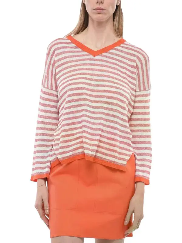WHYCI Striped V-neck Long Sleeve Sweater - Neutrals