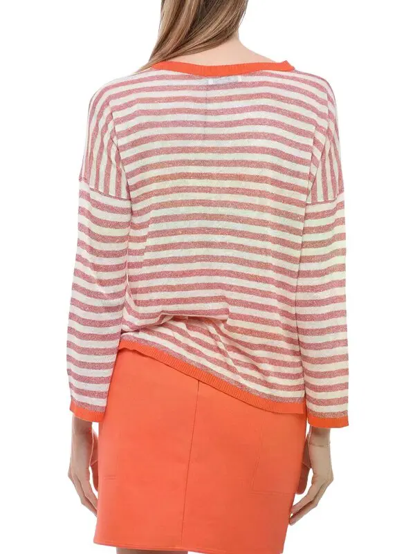WHYCI Striped V-neck Long Sleeve Sweater - Neutrals