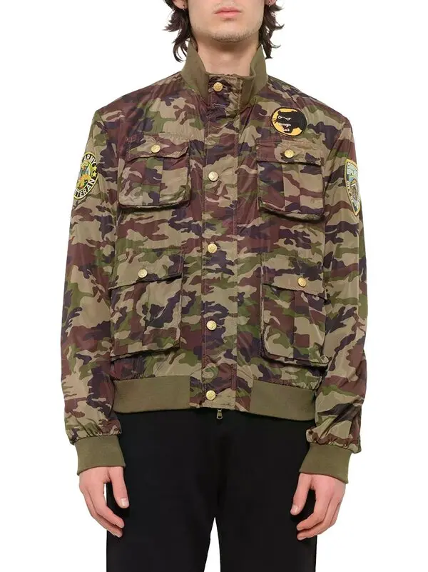 History Repeats Camouflage Print Patch Detail High Neck Jacket - Green