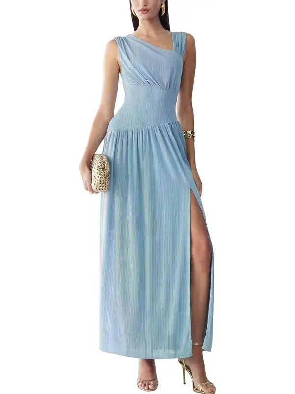 BWLDR Riah Asymmetric Neck Pleated Maxi Dress - Blue