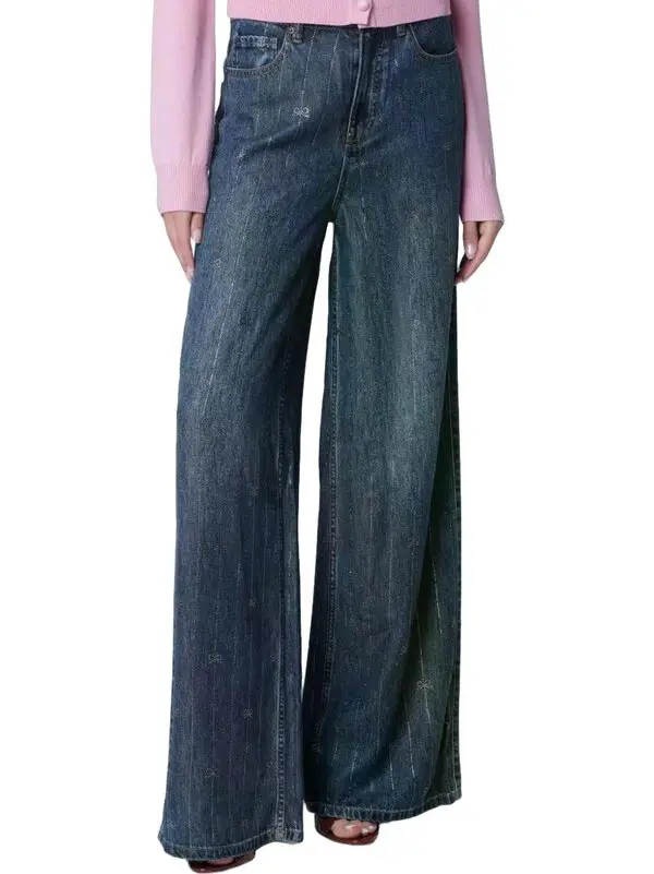 SELF-PORTRAIT Rhinestone Embellished Bow Print Wide Leg Jeans - Blue