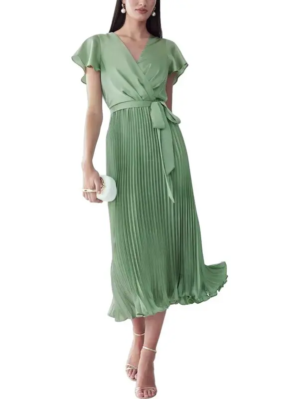 WILLA Pleated Wrap Midi Dress - Green