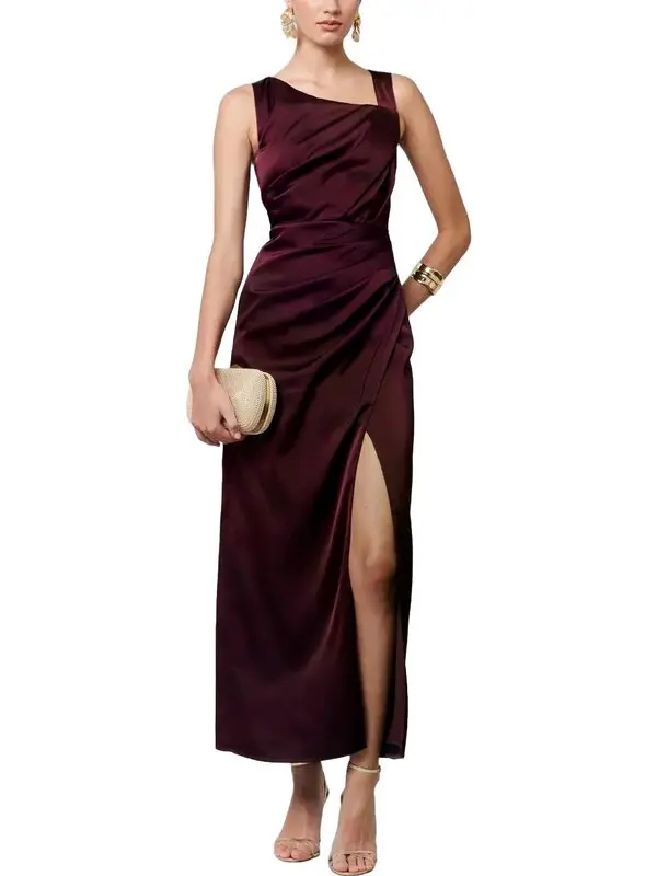SAVEL Asymmetric Neck Draped Maxi Dress - Red