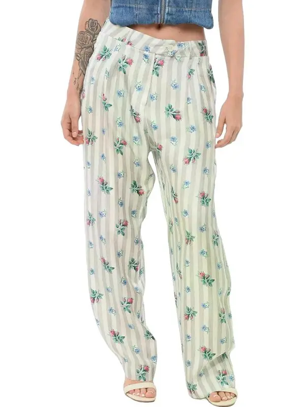 PIERRE-LOUIS MASCIA Floral Print Striped Silk Trousers - Grey