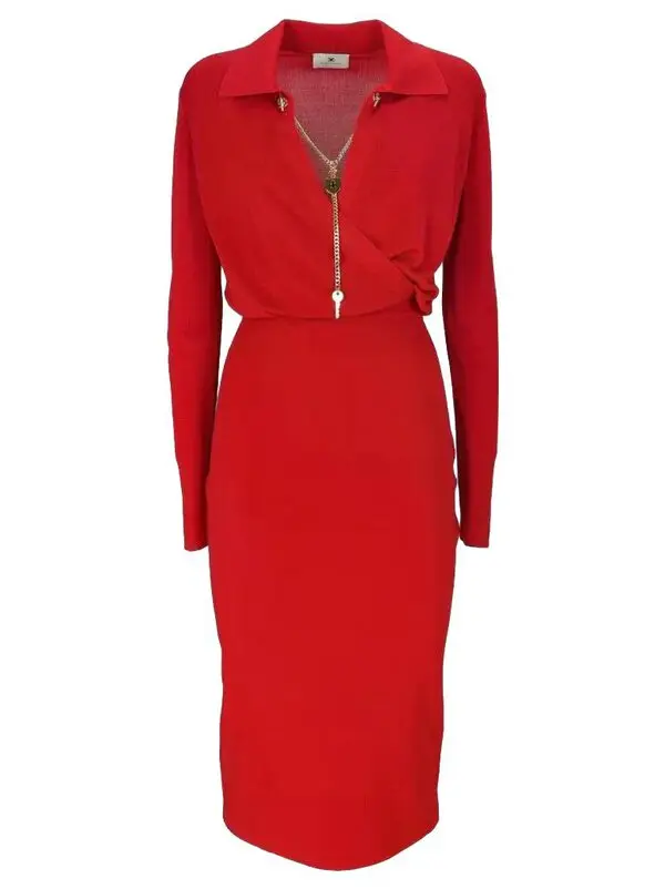Elisabetta Franchi Knit Wrap Midi Dress With Chain Detail - Red
