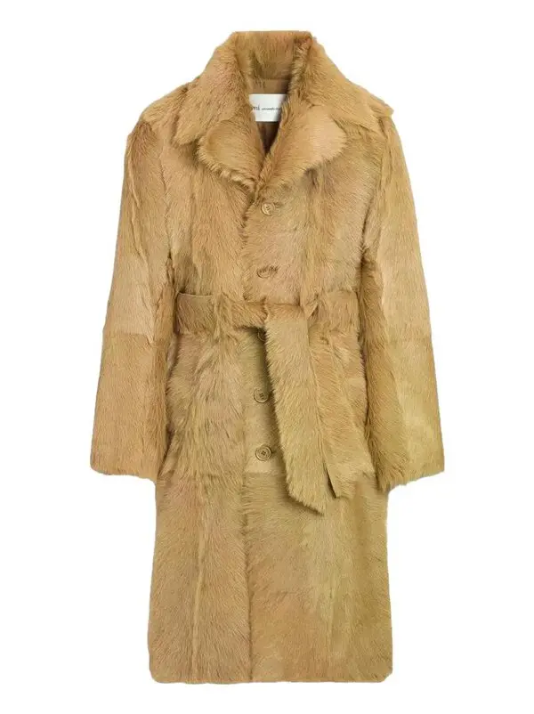 AMI Paris Long Goat Leather Belted Coat - Neutrals