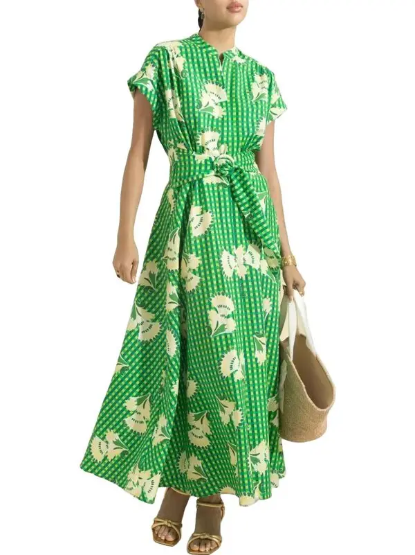 Saloni Neesha Gingham Floral Maxi Dress - Green