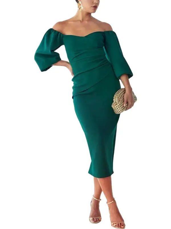 BWLDR Off-shoulder Sweetheart Neck Puff Sleeve Midi Dress - Green