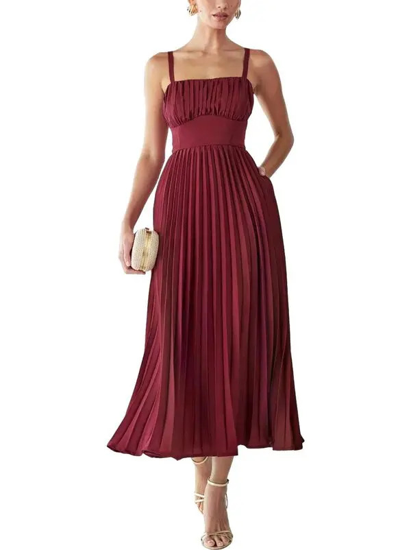 WILLA Lucie Pleated Square-neck Midi Dress - Red