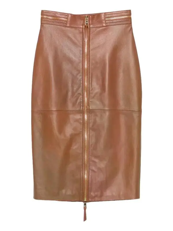 Elisabetta Franchi Leather Zip Detail Midi Pencil Skirt - Brown