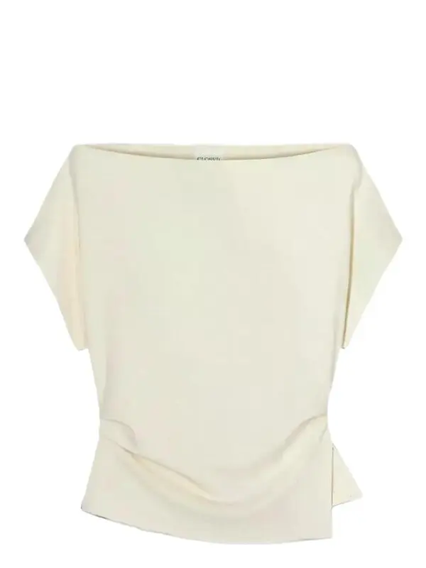 Closed Draped Boat-neck Blouse With Cap Sleeves - Neutrals