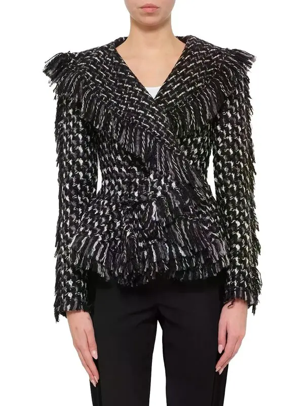 LANVIN Tweed Fringe Peplum Jacket - Black