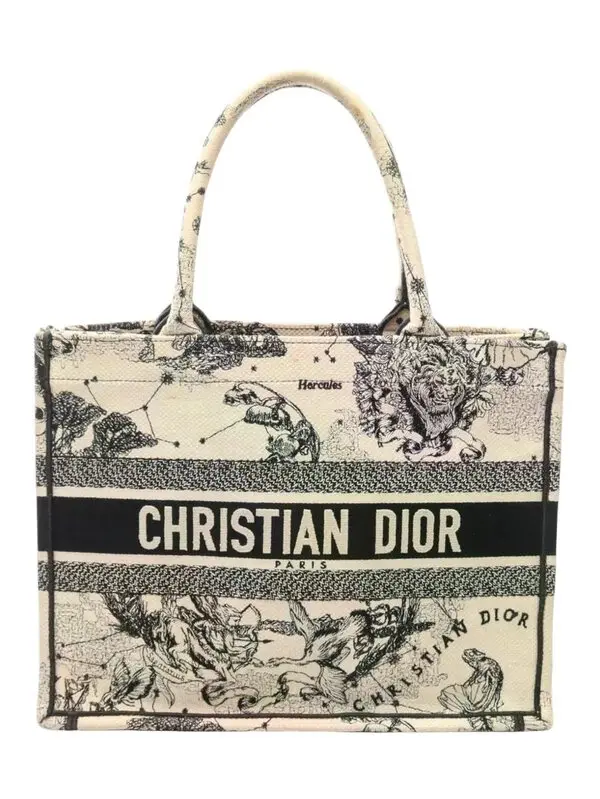 Dior Medium Canvas Embroidered Zodiac Toile De Jouy Book Tote Bag - White
