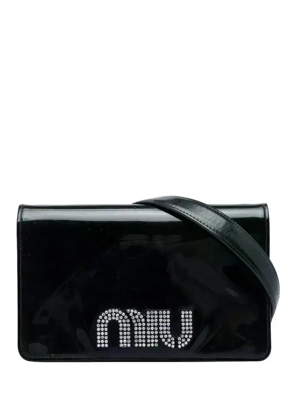 Miu Miu Patent Crystal Embellished Logo Wallet On Chain Crossbody Bag - Black