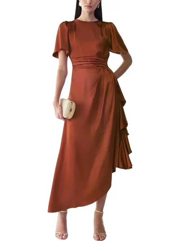 WILLA Ruffled Satin Midi Dress - Brown