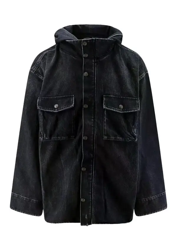 Balenciaga Logo-embroidered Hooded Denim Jacket - Black