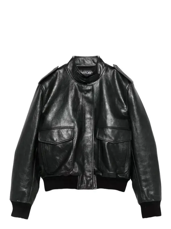 TOM FORD Epaulette Detail Leather Bomber Jacket - Black