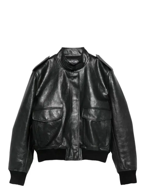 TOM FORD Epaulette Detail Leather Bomber Jacket - Black