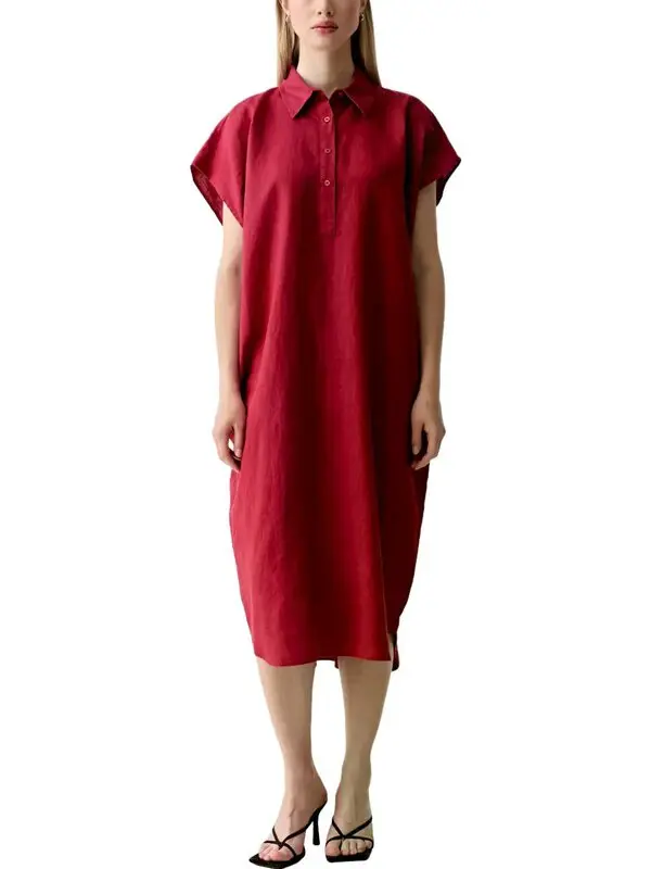 BENETTON Short Sleeve Shirt Midi Dress - Red