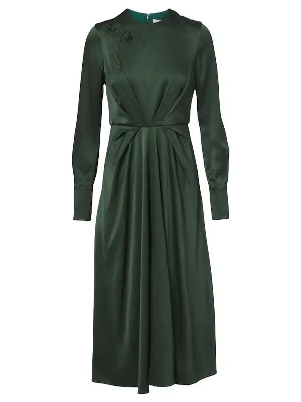 Erdem Floral Appliqué Satin Seersucker Midi Dress - Green