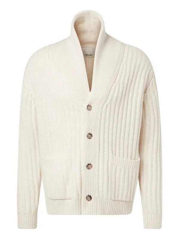 ALLUDE Ribbed Wool And Cashmere Shawl Collar Cardigan - White
