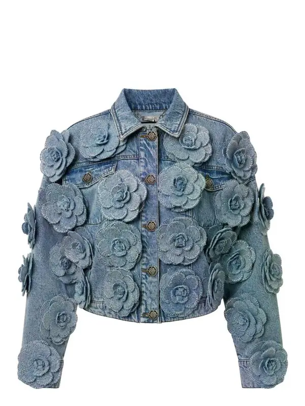 Philipp Plein Cropped Denim Jacket All-over Roses - Blue
