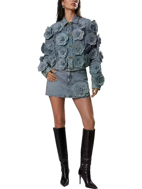 Philipp Plein Cropped Denim Jacket All-over Roses - Blue