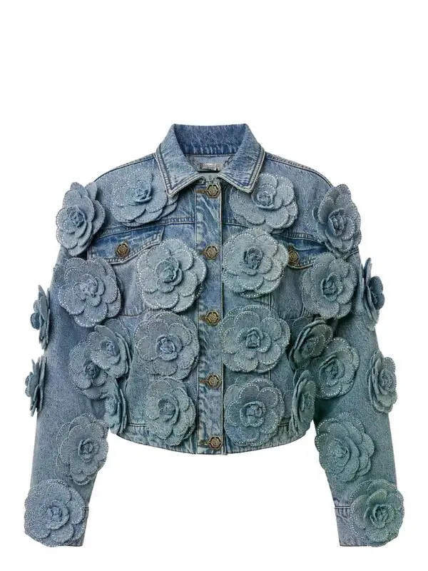 Philipp Plein Cropped Denim Jacket All-over Roses - Blue