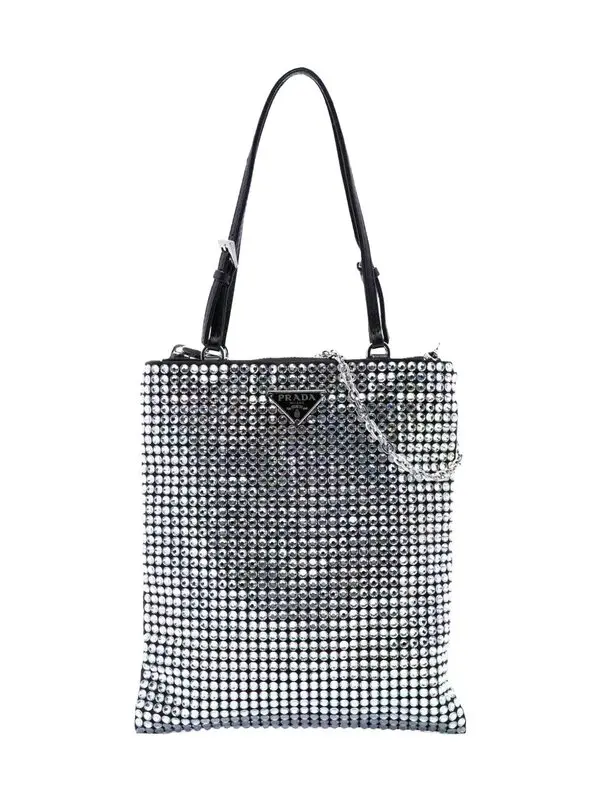 Prada Embellished Crystal Satin Flat Tote Satchel - Black