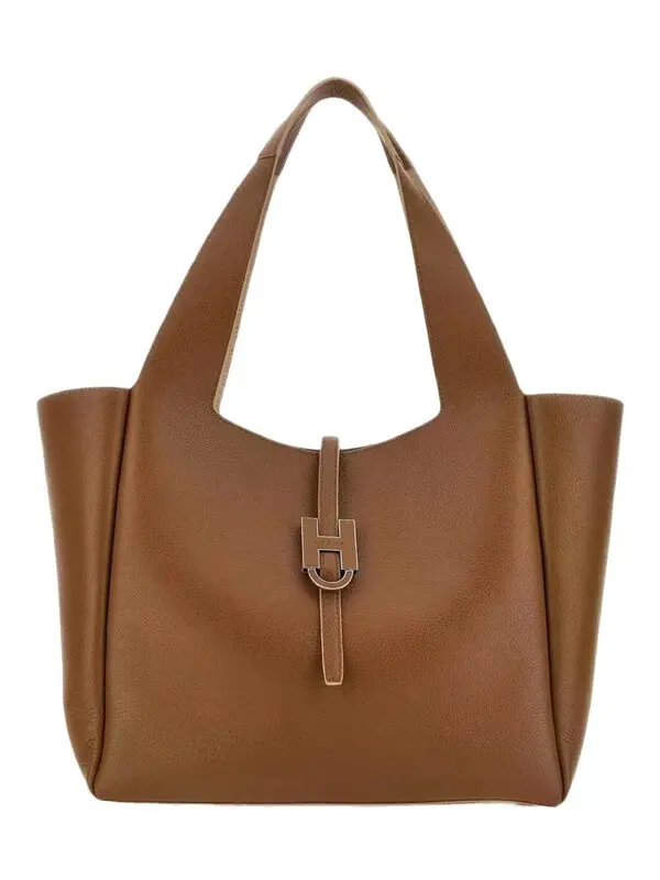 Hogan Logo Plaque Leather Tote Bag - Brown