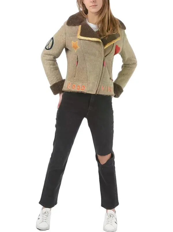 History Repeats Embroidered Zip-up Shearling Jacket - Neutrals