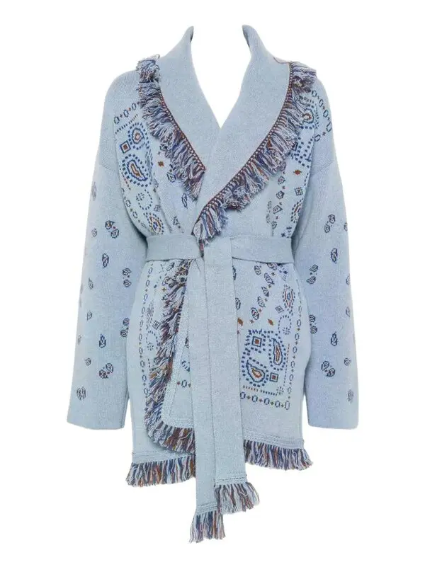 Alanui Paisley Intarsia Knit Cardigan With Fringe Trim - Blue