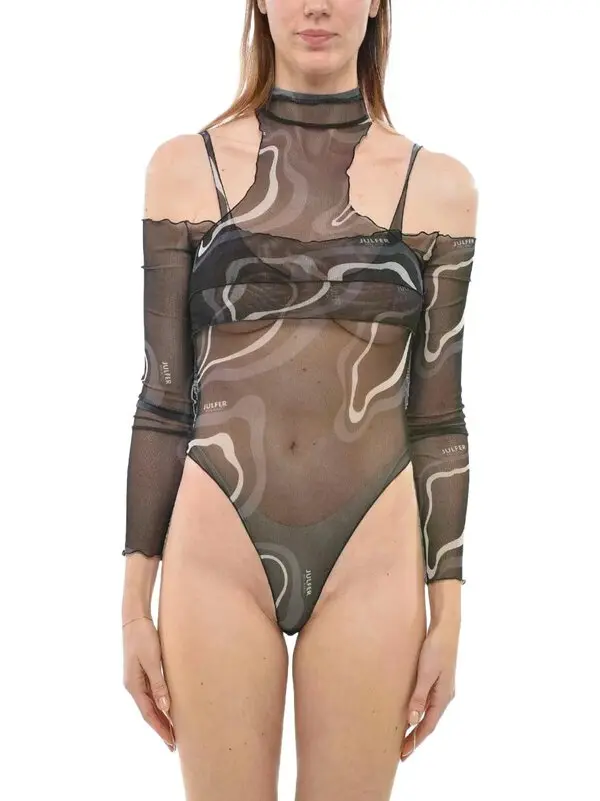 JULFER Sheer Abstract Print Cold-shoulder Bodysuit - Grey