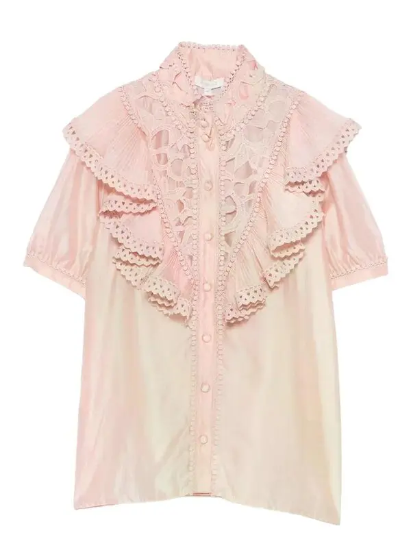 PAPER LACE Ruffled Lace-trim Shirt - Pink