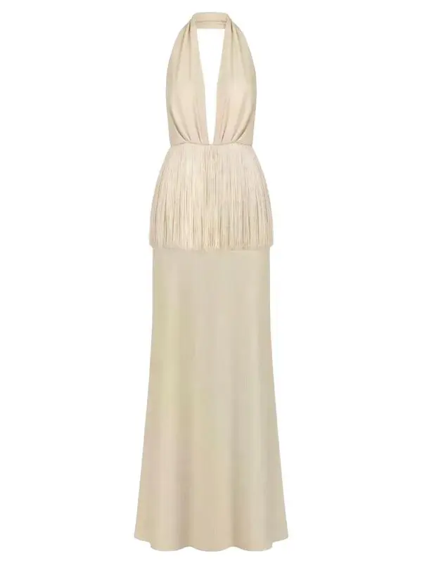 BAOBAB Paloma Halterneck Maxi Dress With Fringe Detailing - Neutrals
