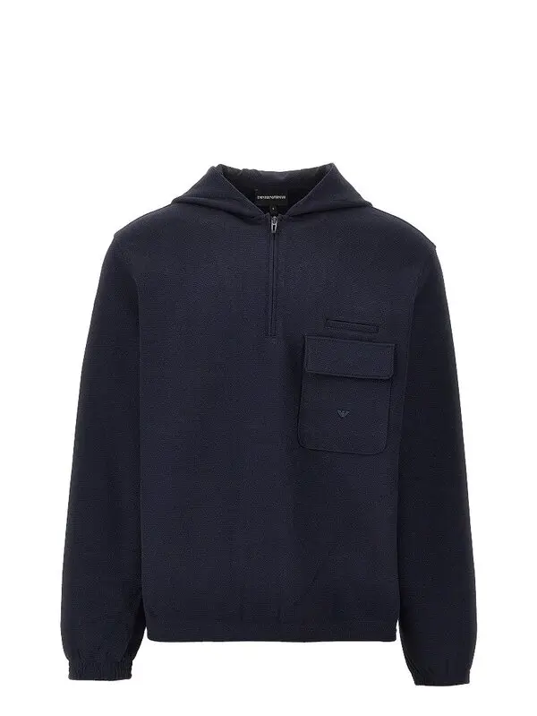 Emporio Armani Piquet Jersey Hoodie With Embroidered Eagle Logo - Blue
