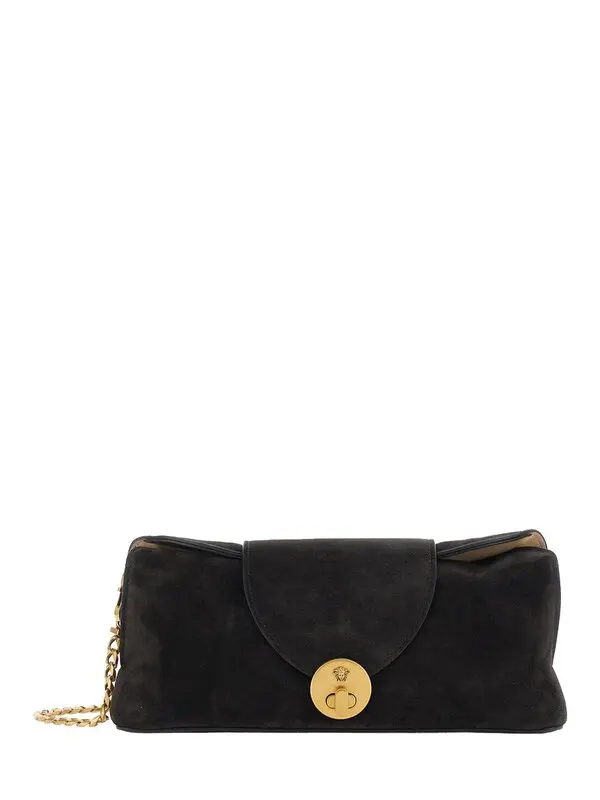 Versace Calf Leather Clutch With Turn Lock And Chain Strap - Brown