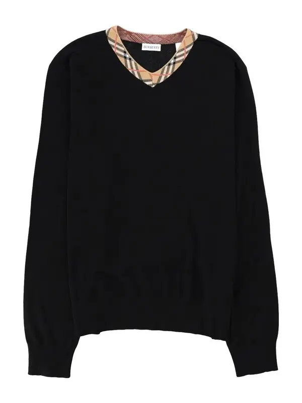 Burberry Merino Wool V-neck Sweater With Check Detail - Black