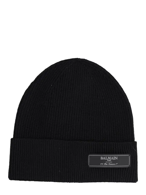 Balmain Wool Beanie With Logo Patch - Black