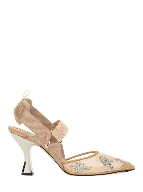 Fendi Slingback Heels With Embellished Mesh - Cream