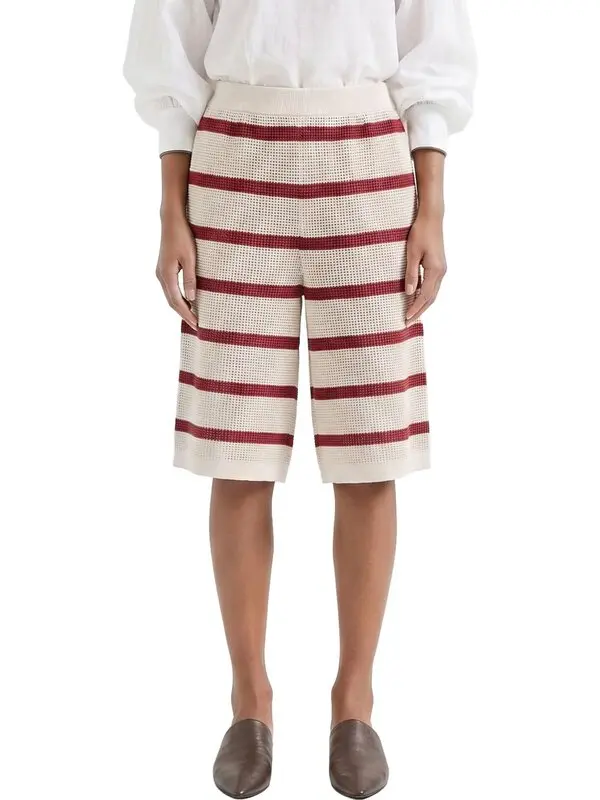 Brunello Cucinelli Striped Crochet Cotton Bermuda Shorts - Beige