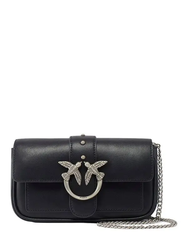 Pinko Love Bag One Mini Leather Crossbody Bag With Love Birds Logo - Black