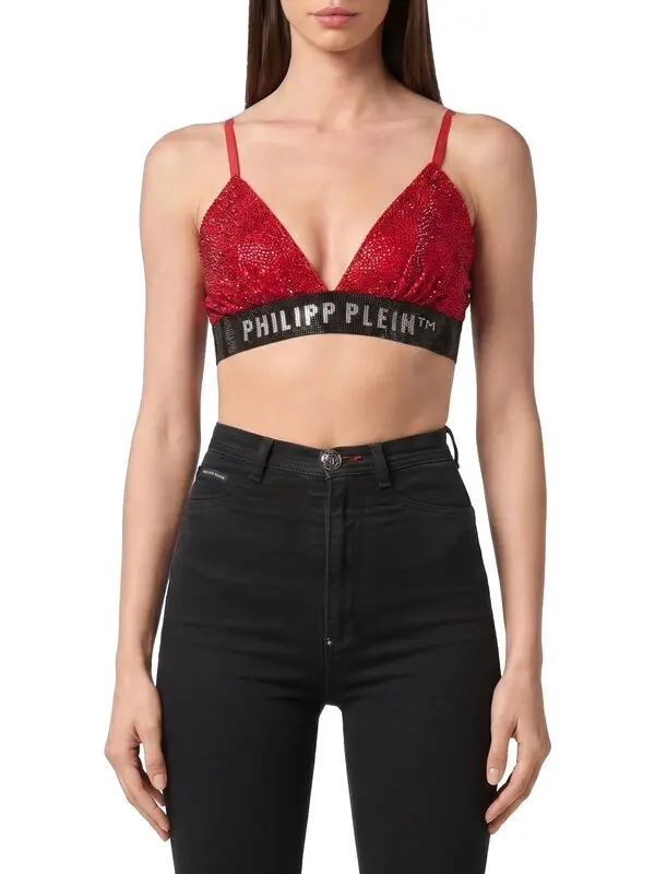 Philipp Plein Cropped Rhinestone Logo Bralette Top - Amaranth