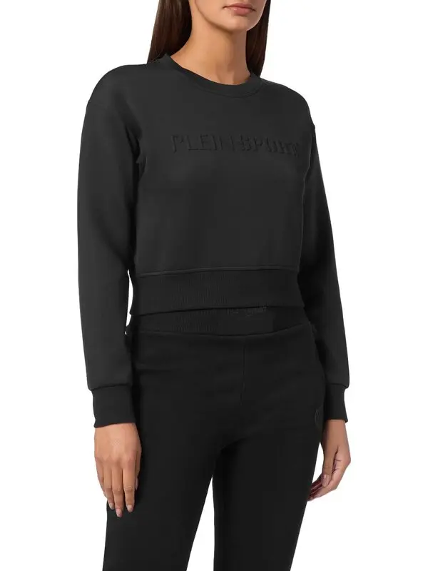 PLEIN SPORT Cropped Crew-neck Jersey Sweatshirt With Elasticated Cuffs - Black