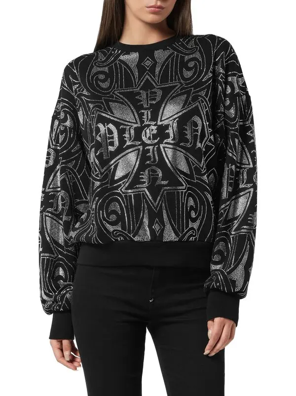 Philipp Plein Jersey Sweatshirt With Rhinestone Monogram And Dropped Shoulders - Black