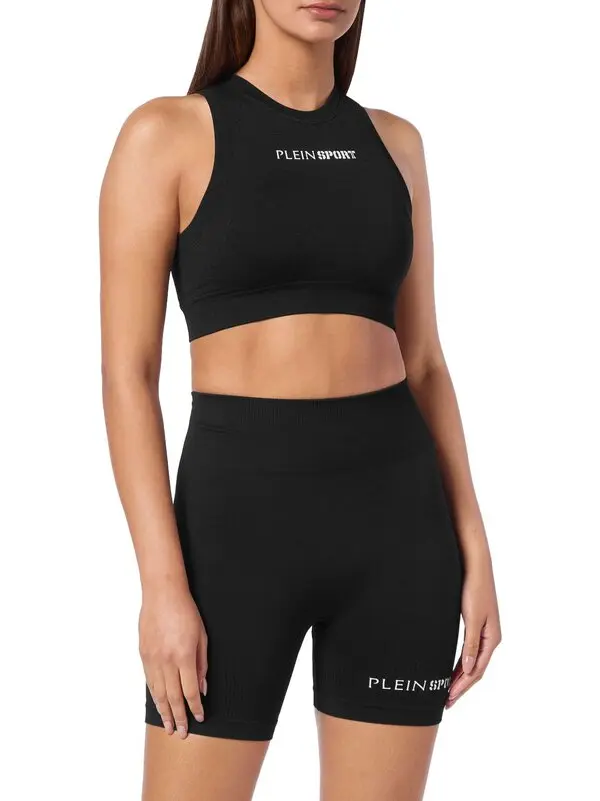 PLEIN SPORT Cropped Slim Fit Jersey Sports Top With Contrasting Logo - Black