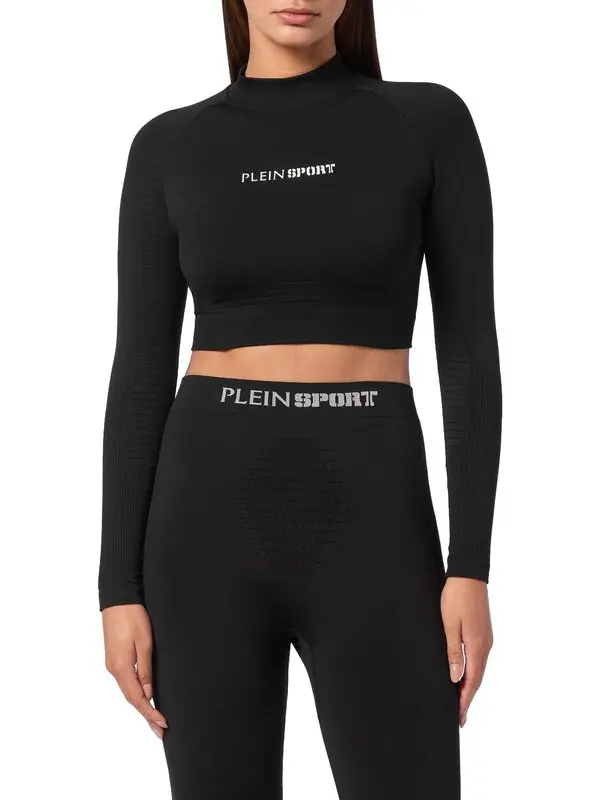 PLEIN SPORT Cropped Long Sleeve Jersey Sports Top With Logo - Black